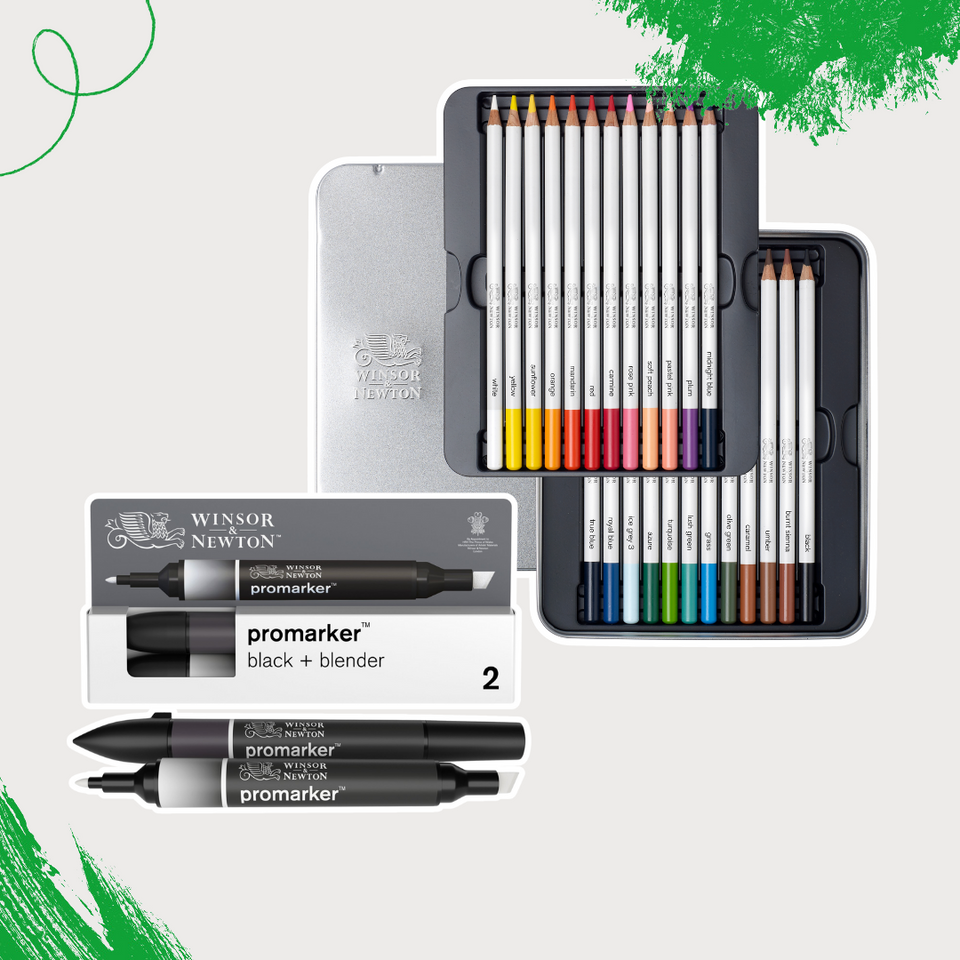 Promarker Black + Blender & Watercolour Pencil Set x24 Bundle – Winsor ...